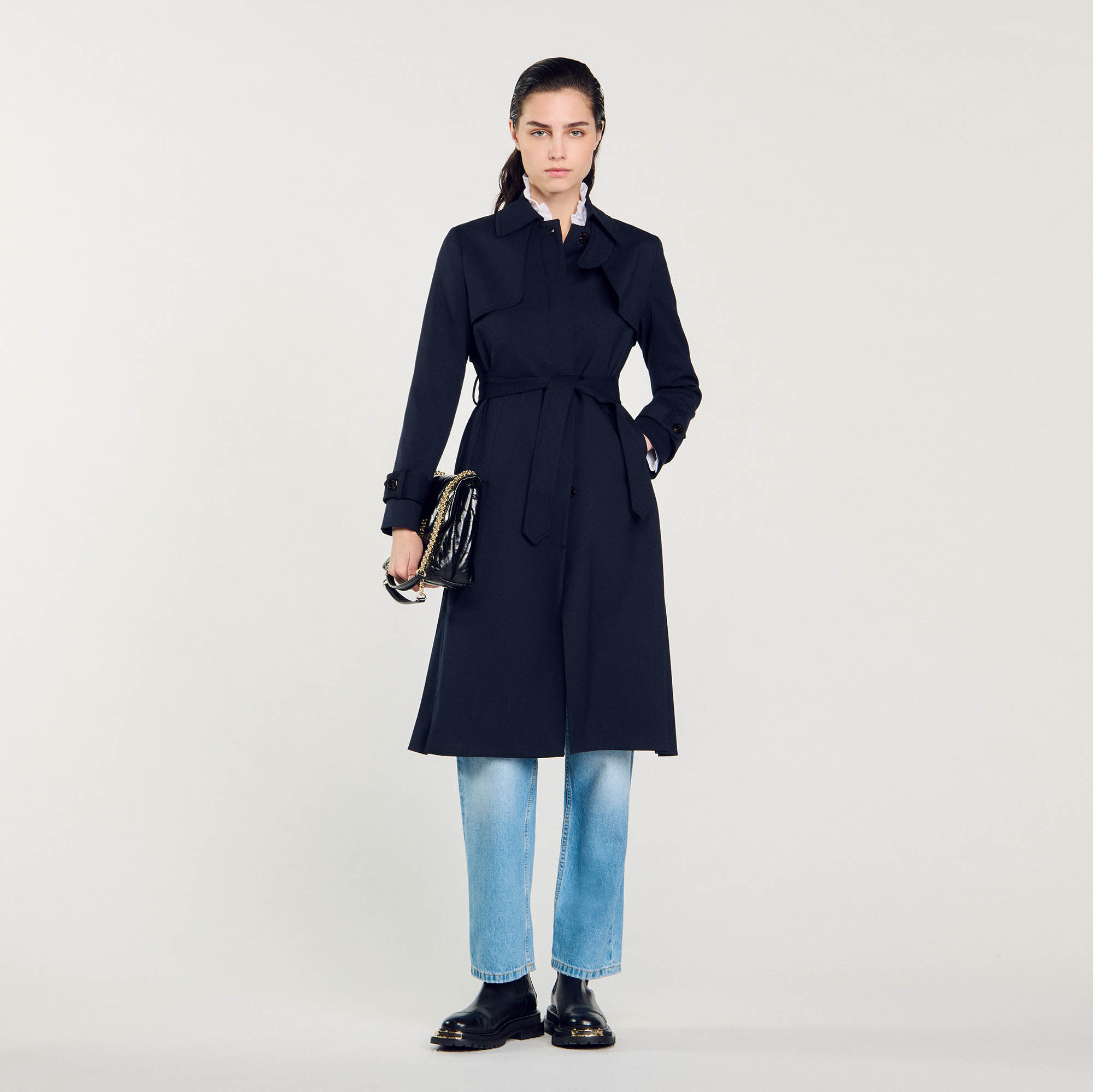 SANDRO Trench Coat with Pleated Inset